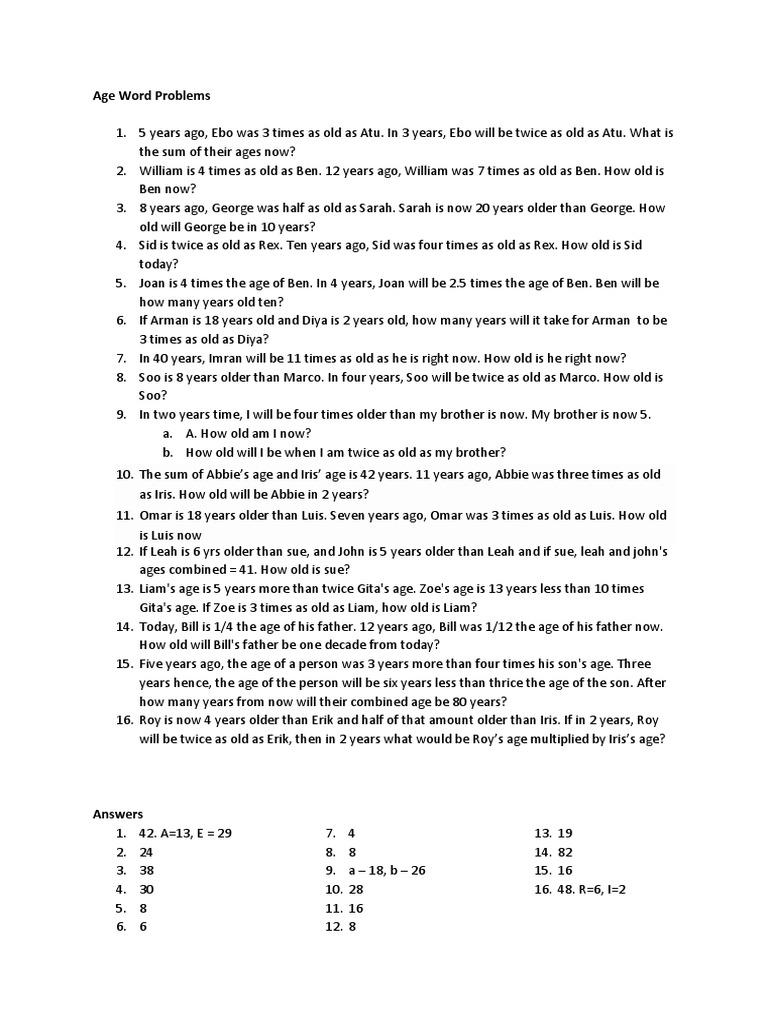 Selected Age Word Problems | PDF