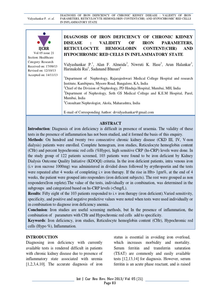 Diagnosis of Iron Deficiency of Chronic Kidney Disease: Validity OF ...