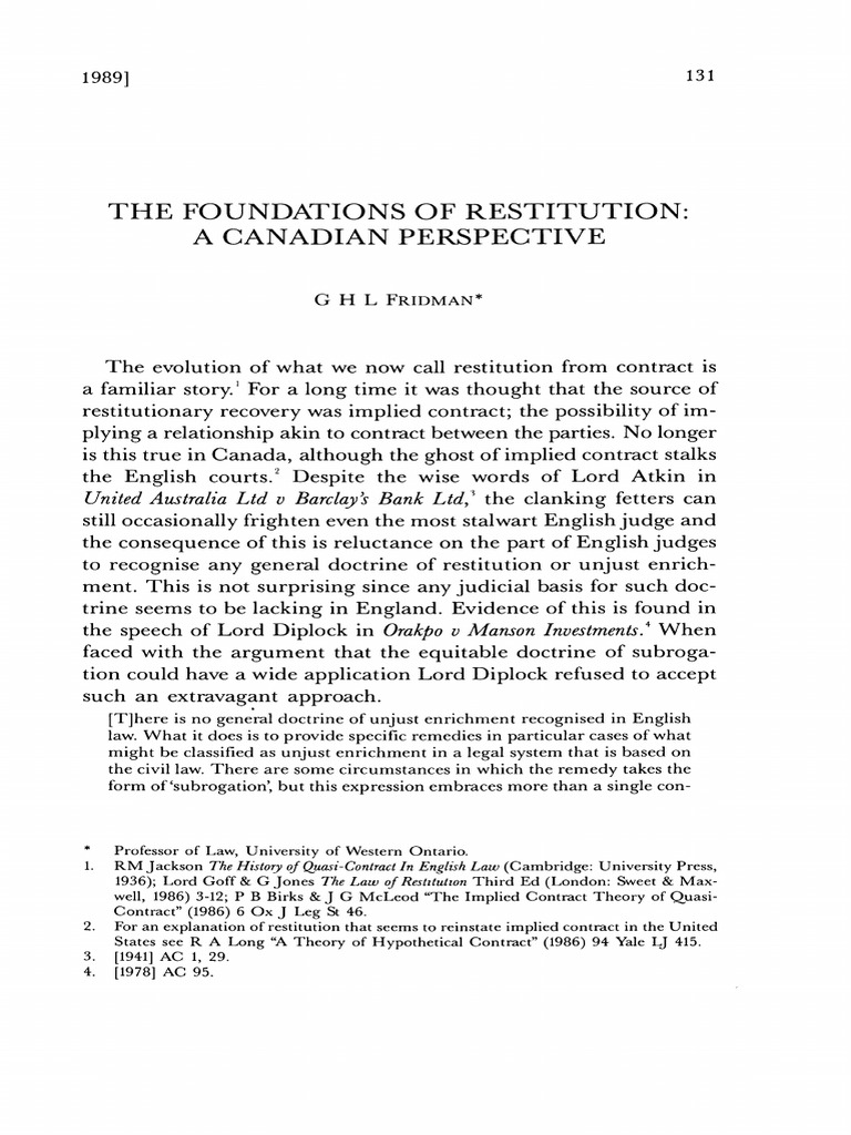 T H E Foundations of Restitution: A Canadian Perspective | PDF ...