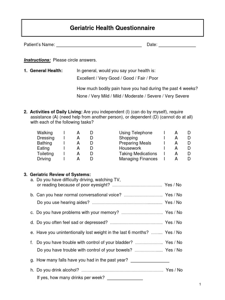 Geriatric Health Questionnaire: Instructions: Please Circle Answers ...