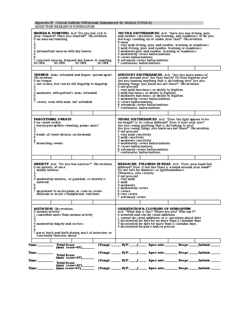 CIWA-A Assessment Guidelines | PDF | Hallucination | Drugs