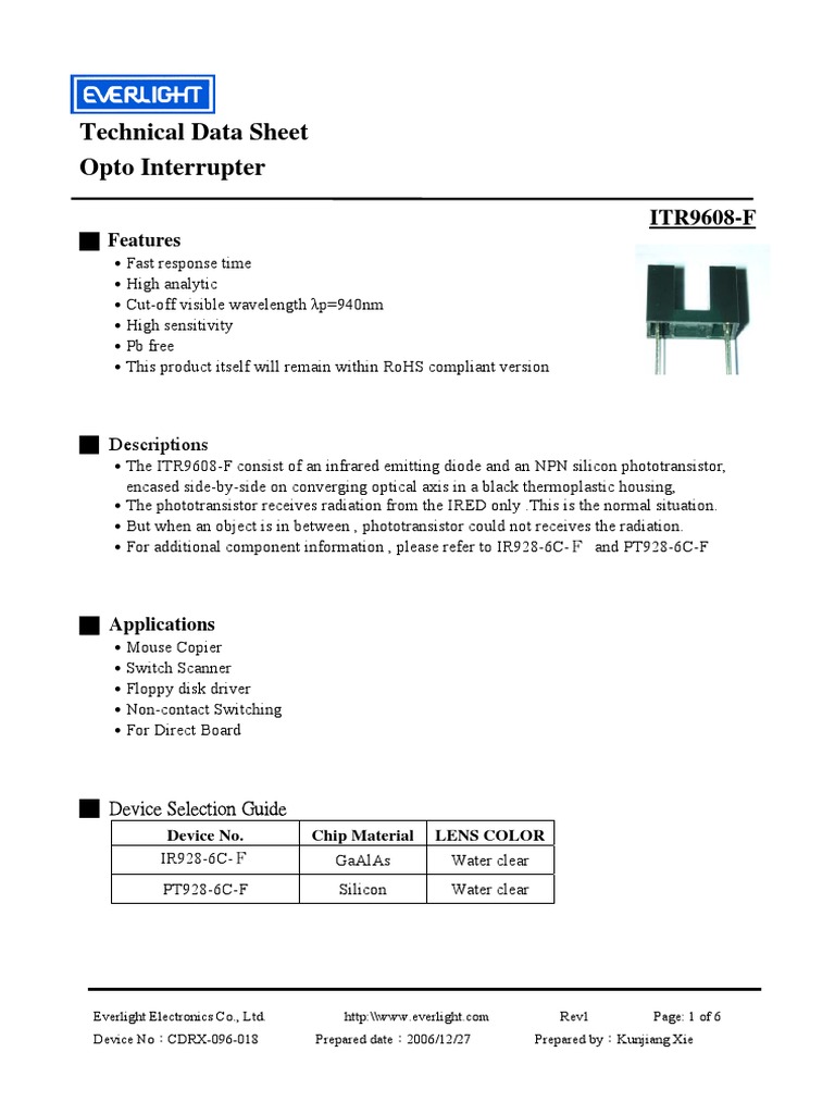 Technical Data Sheet Opto Interrupter: Features | PDF | Infrared ...