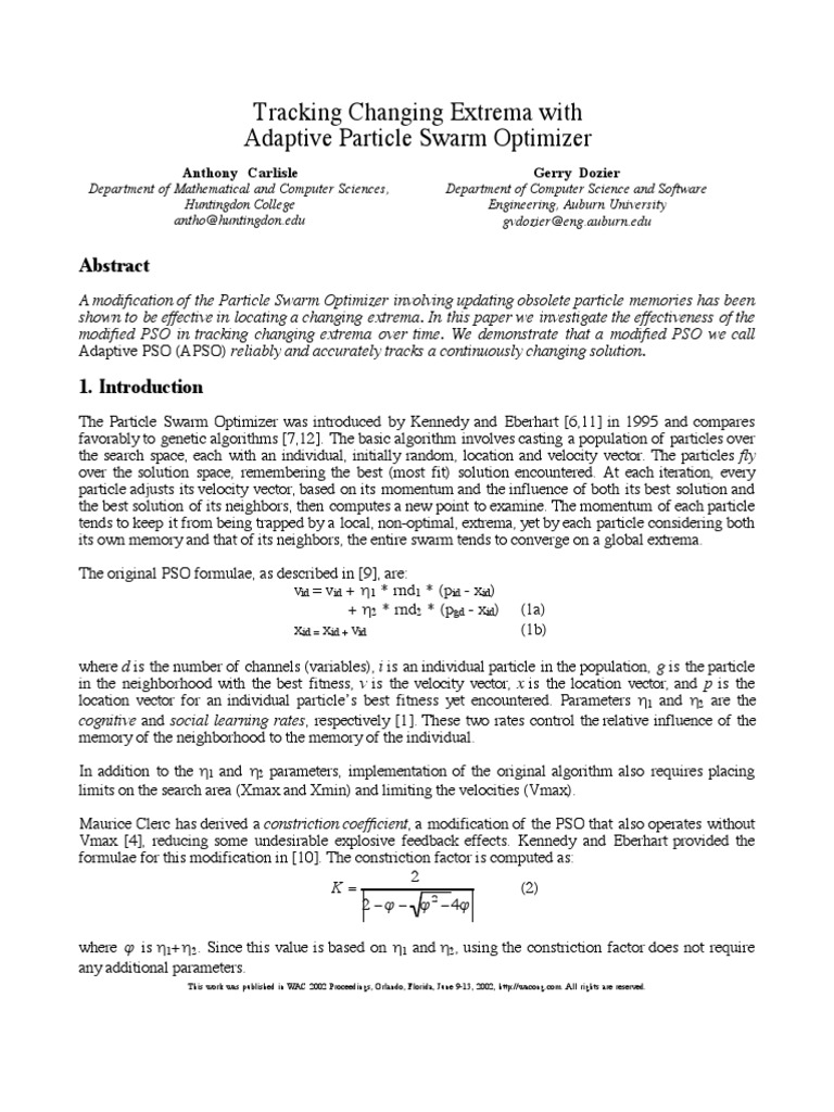 Tracking Changing Extrema With Adaptive Particle Swarm Optimizer | PDF | Applied Mathematics ...