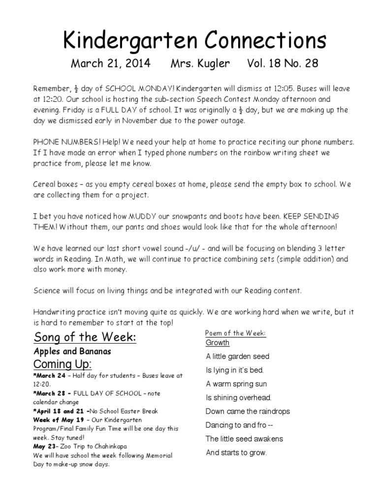 Kindergarten Connections: March 21, 2014 Mrs. Kugler Vol. 18 No. 28 | PDF