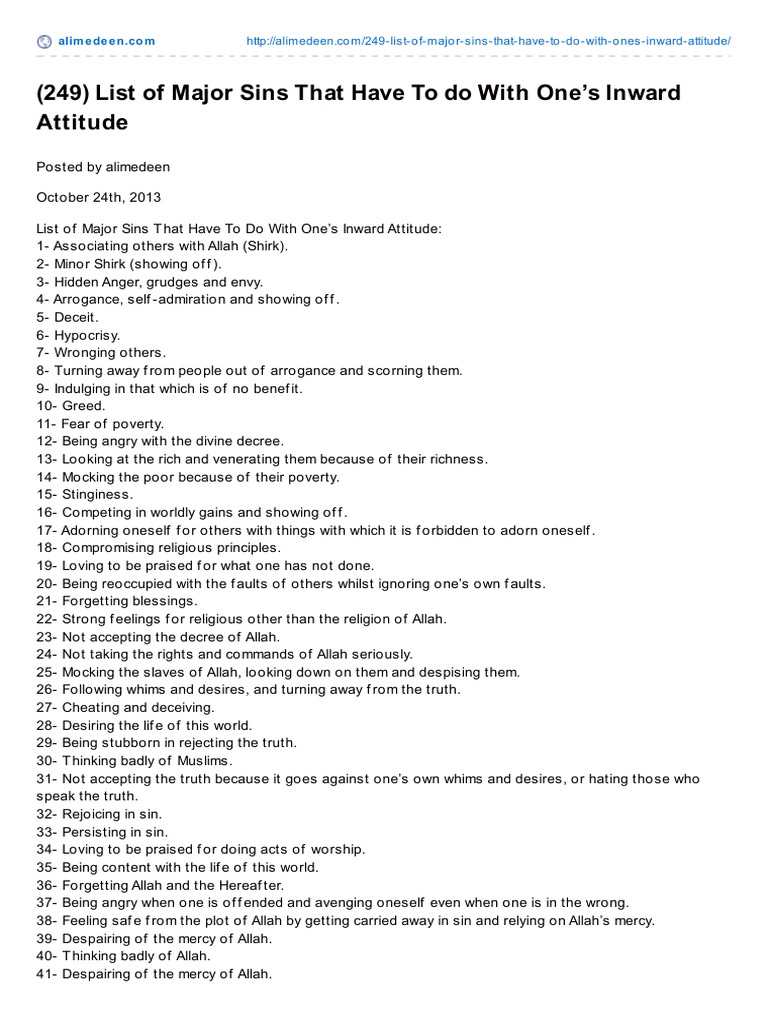 249 List of Major Sins That Have To Do With Ones Inward Attitude | PDF ...