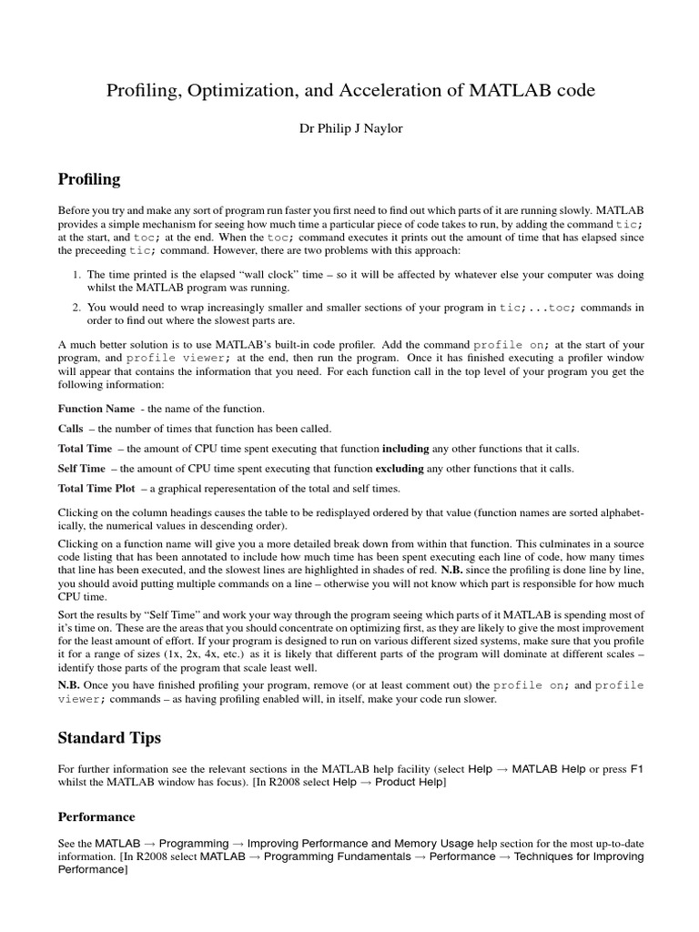 Profiling, Optimization, and Acceleration of MATLAB Code | PDF