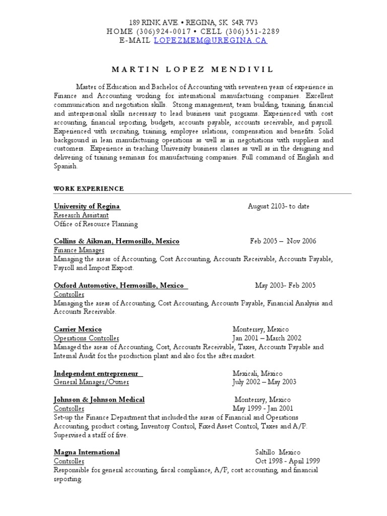 Martin Lopez Mendivil: Finance Expert Resume | PDF | Accounting | Cost ...