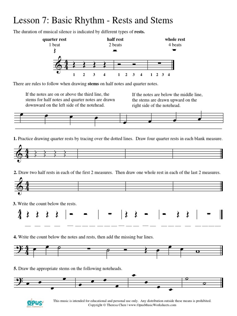 Music Theory Worksheet 7 Rests Stems | PDF | Musical Notation | Musical ...
