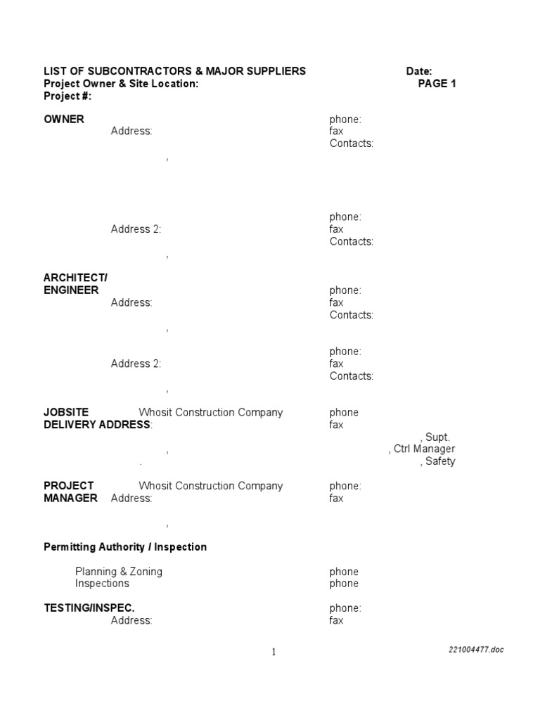 Subcontractors and Suppliers List | PDF
