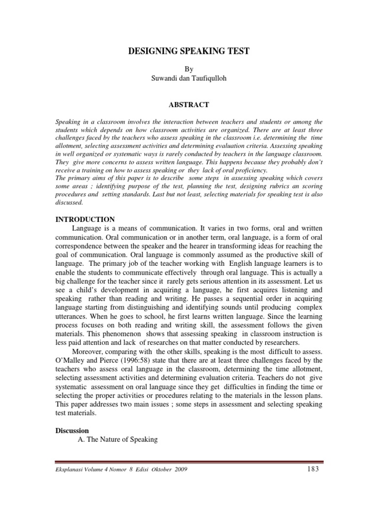 Designing Speaking Test: Eksplanasi Volume 4 Nomor 8 Edisi Oktober 2009 ...