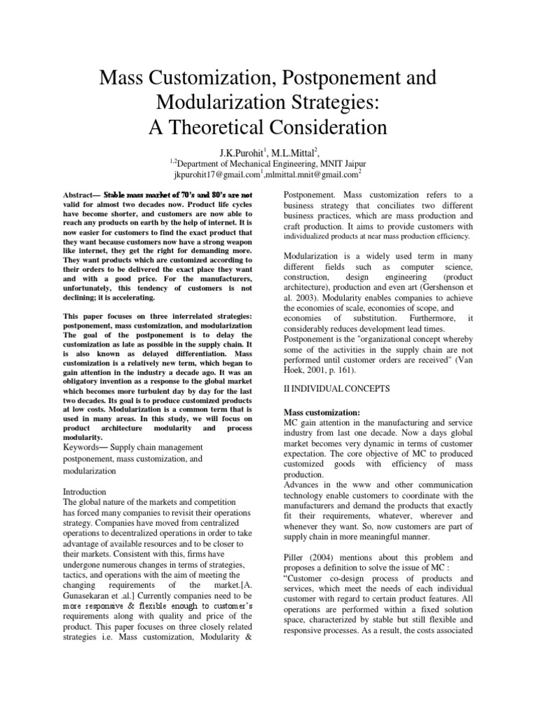 Mass Customization, Postponement and Modularization Strategies: A ...