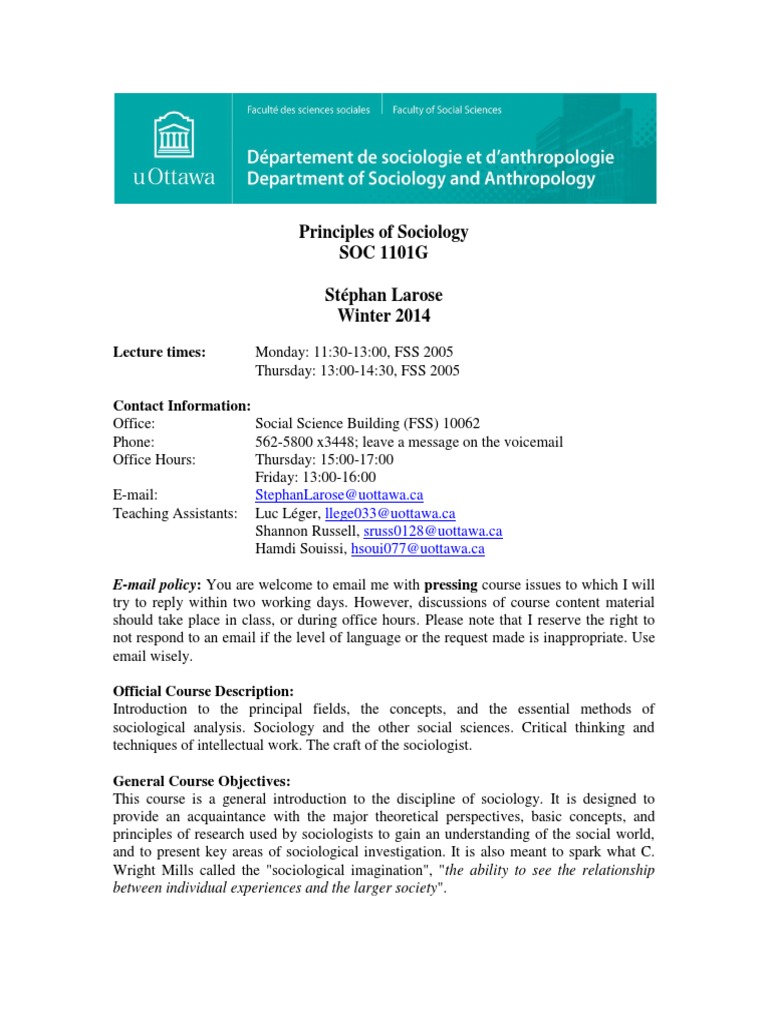 Principles of Sociology SOC 1101G Stéphan Larose Winter 2014 | PDF ...