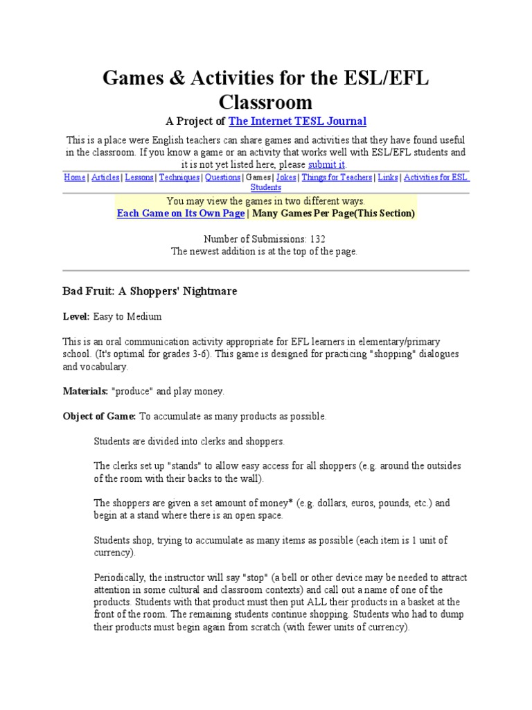 Games & Activites For The EFL-ESL Classroom | PDF | English As A Second ...