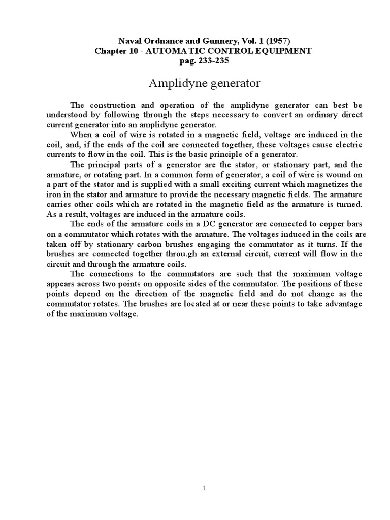 Amplidyne Generator Operation Explained | PDF | Electric Generator ...