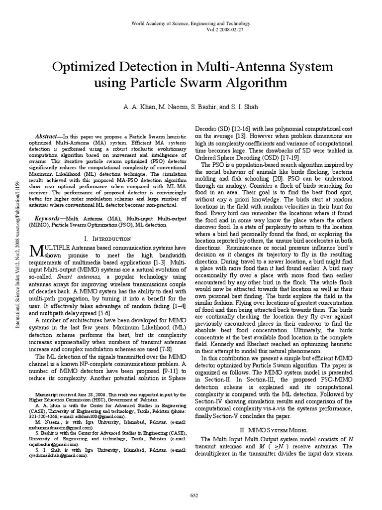 Optimized Detection in Multi Antenna System Using Particle Swarm Algorithm | PDF | Mimo ...