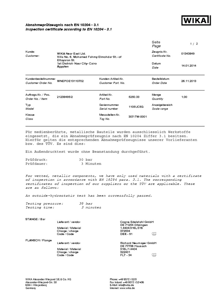Inspection Certificate According To EN 10204 - 3.1: Abnahmeprüfzeugnis Nach EN 10204 - 3.1 | PDF