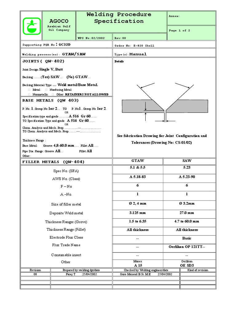 Agoco Welding Procedure Specification: Gtaw/Saw Manual JOINTS (QW-402 ...