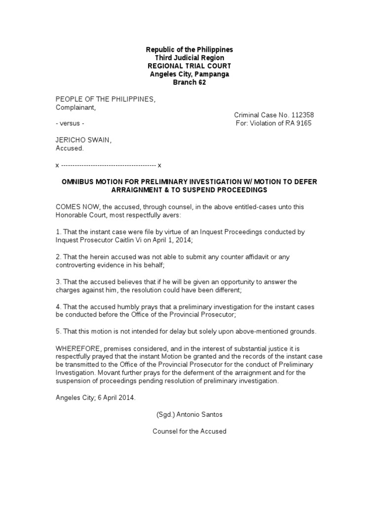 Motion for Preliminary Investigation