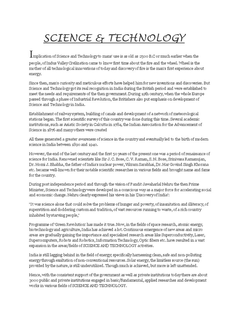 Science and Technology Essay by Avishek Das, Kumarghat | PDF | Science ...