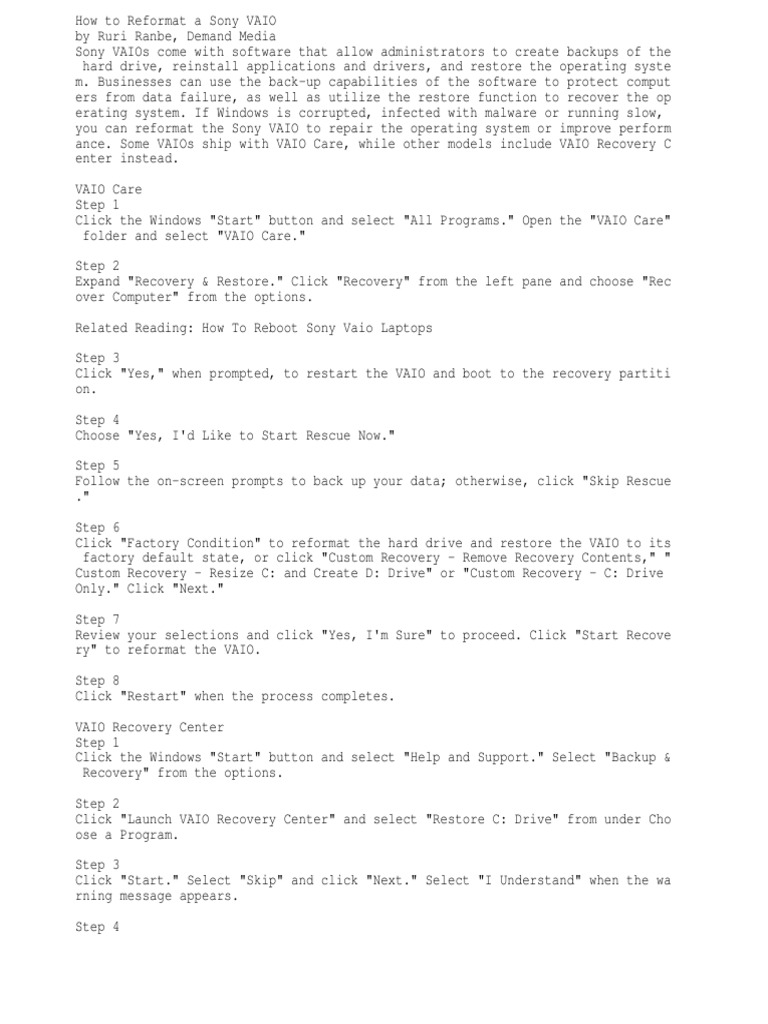 Sony Vio Factory Reset Format | Download Free PDF | Backup | Booting