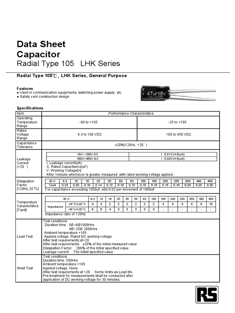 Data Sheet Capacitor: Radial Type 105 LHK Series | PDF | Capacitor ...