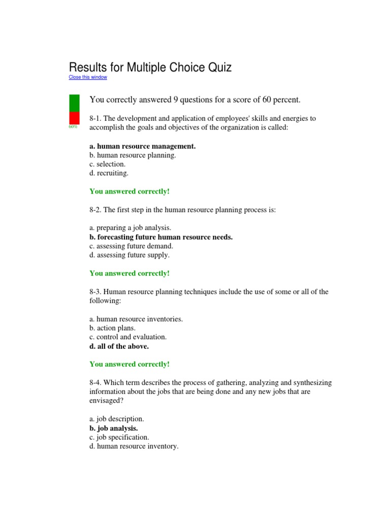 Results for Multiple Choice Quiz | Multiple Choice | Employment