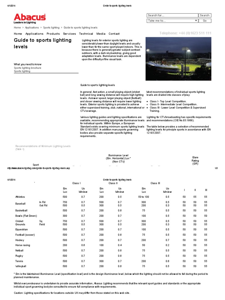Guide To Sports Lighting Levels | PDF | Lighting | Sports