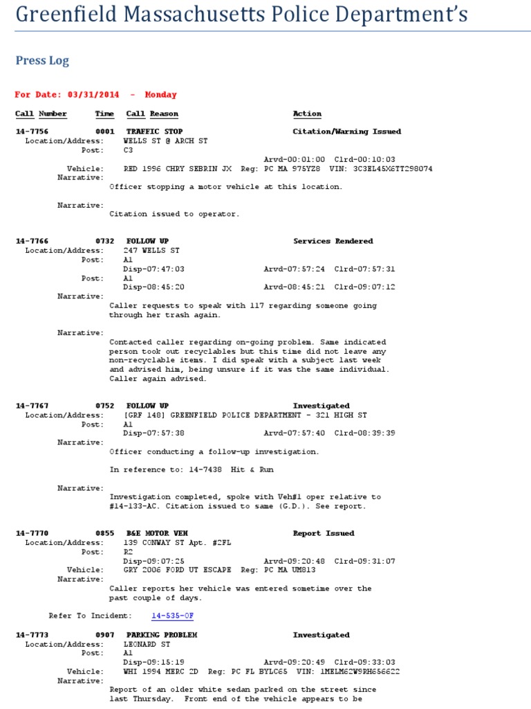 Greenfield Police Press Log 03/31/14 | PDF | 9 1 1 | Arrest
