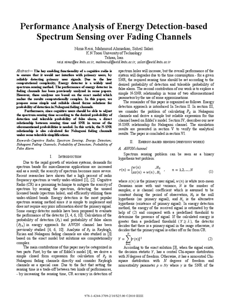 Performance Analysis of Energy Detection-Based Spectrum Sensing Over Fading Channels | PDF ...