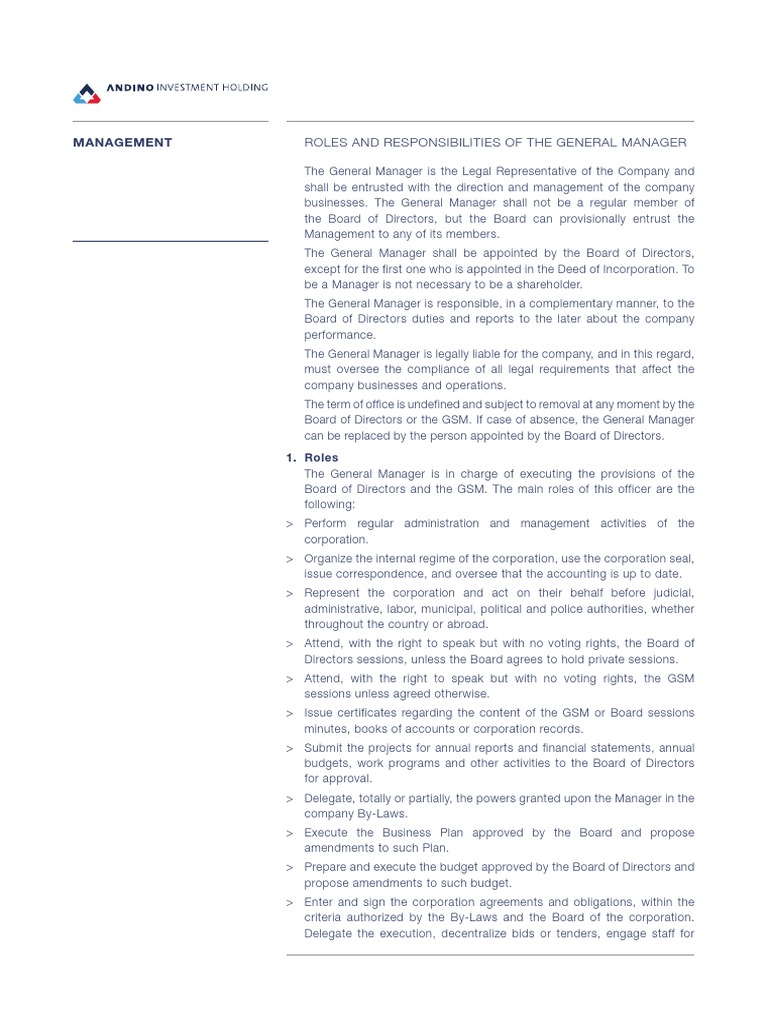 Roles and Responsibilities of The General Manager | PDF | Securities ...