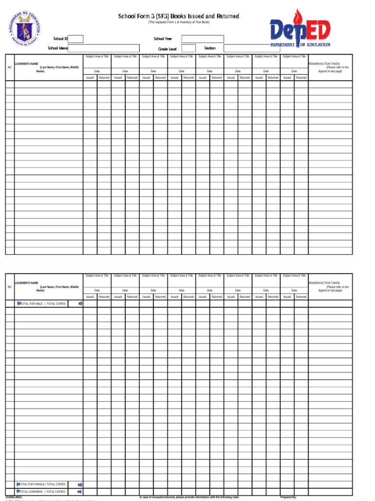 School Form 3 SF3 Books Issued And Returned School ID School Year