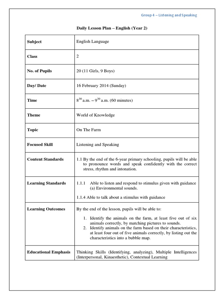 Grade 2 Listening & Speaking Activities | PDF | Lesson Plan | Pedagogy