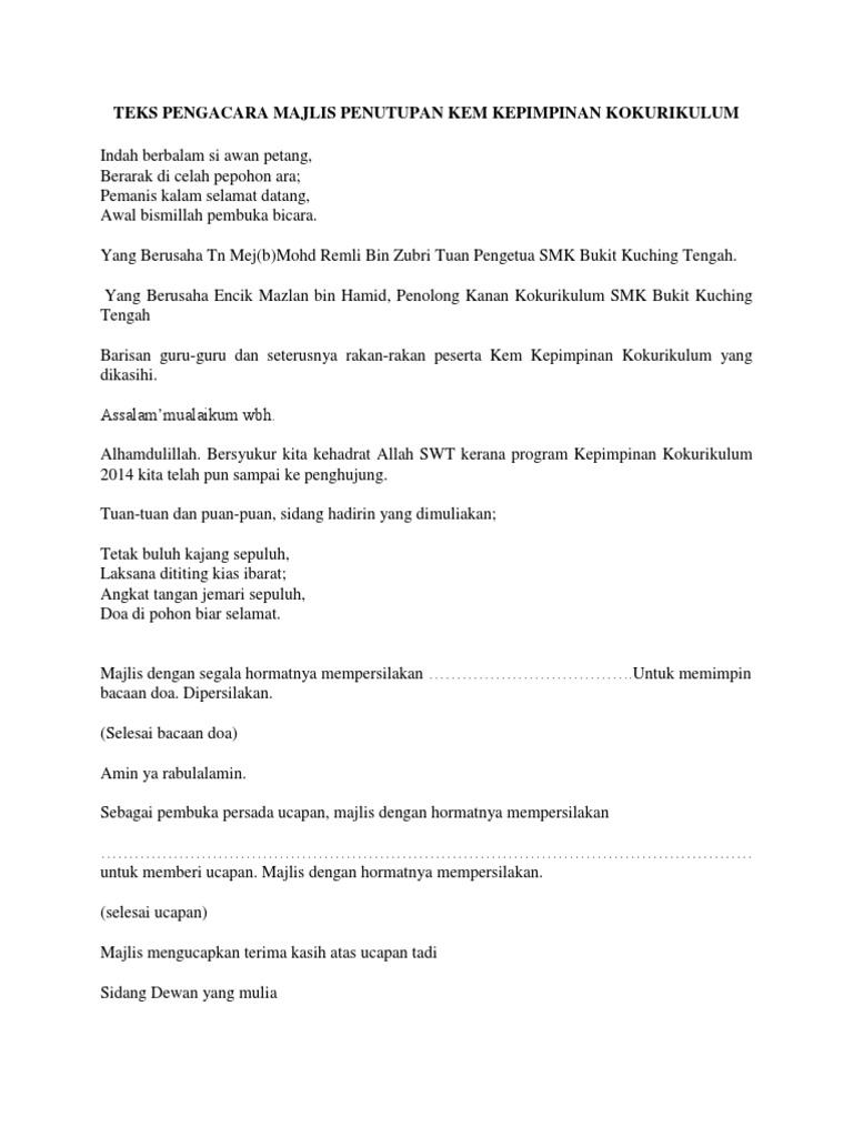 Teks Pengacara Majlis Penutupan Kem Kepimpinan Kokurikulum | PDF | Karier & Perkembangan