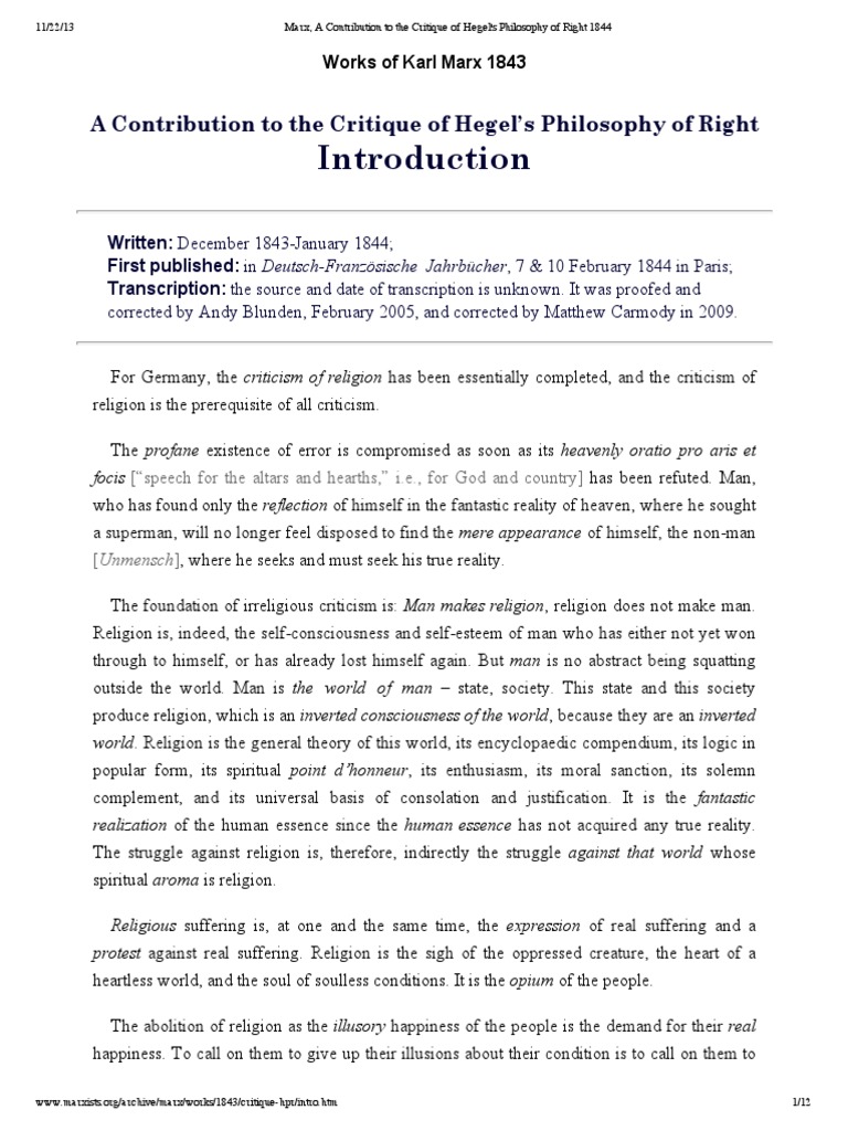 Marx (1844-5) - A Contribution To The Critique of Hegel's Philosophy of ...