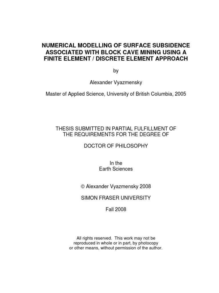 Numerical Modelling of Surface Subsidence Associated With Block Cave Mining Using A Finite ...