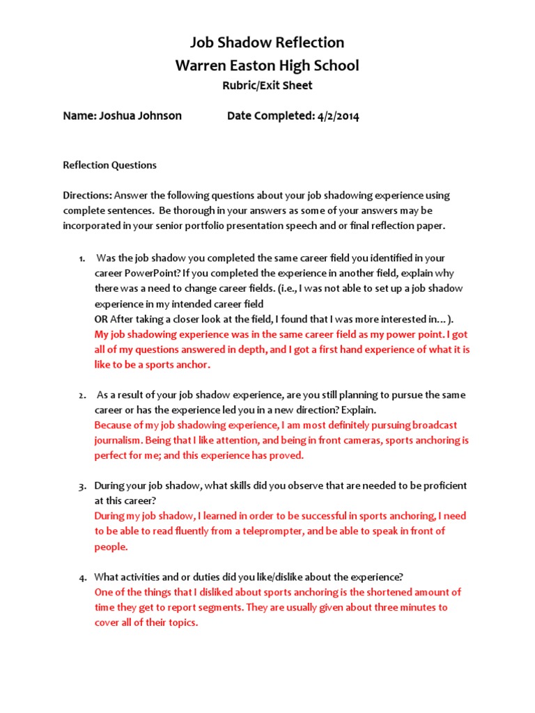 Job Shadow Reflection | PDF | Mentorship | Cognition