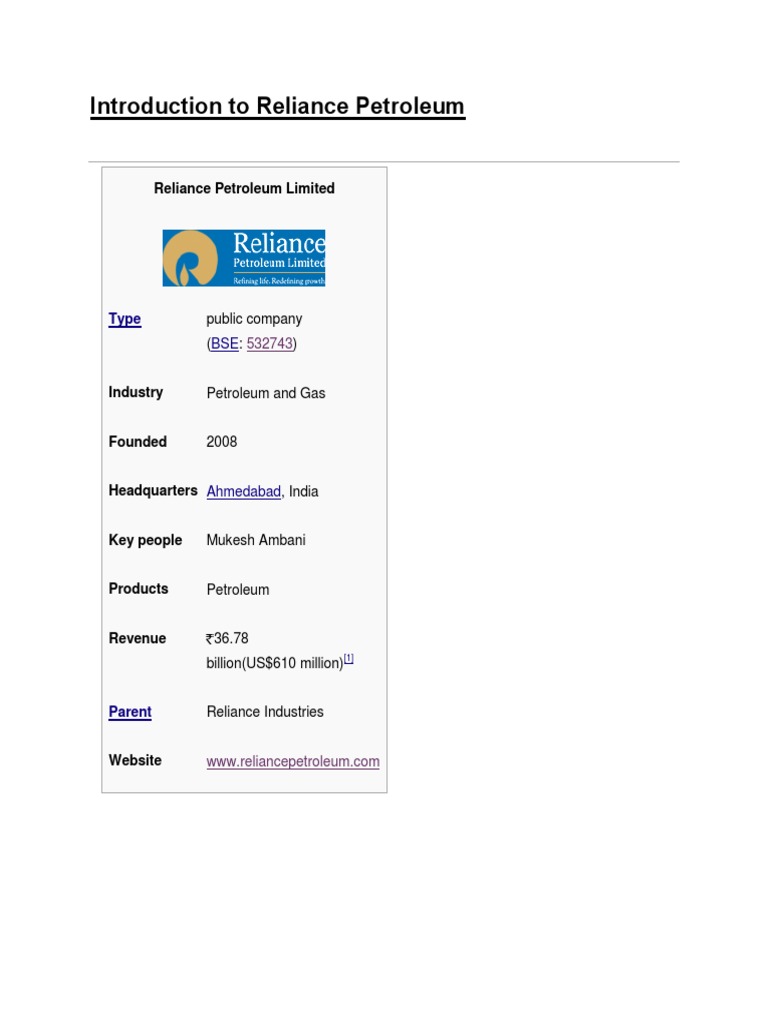 Introduction To Reliance Petroleum | PDF | Oil Refinery | Petroleum