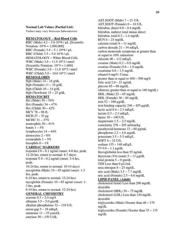 Values May Vary Between Laboratories: Normal Lab Values (Partial List ...