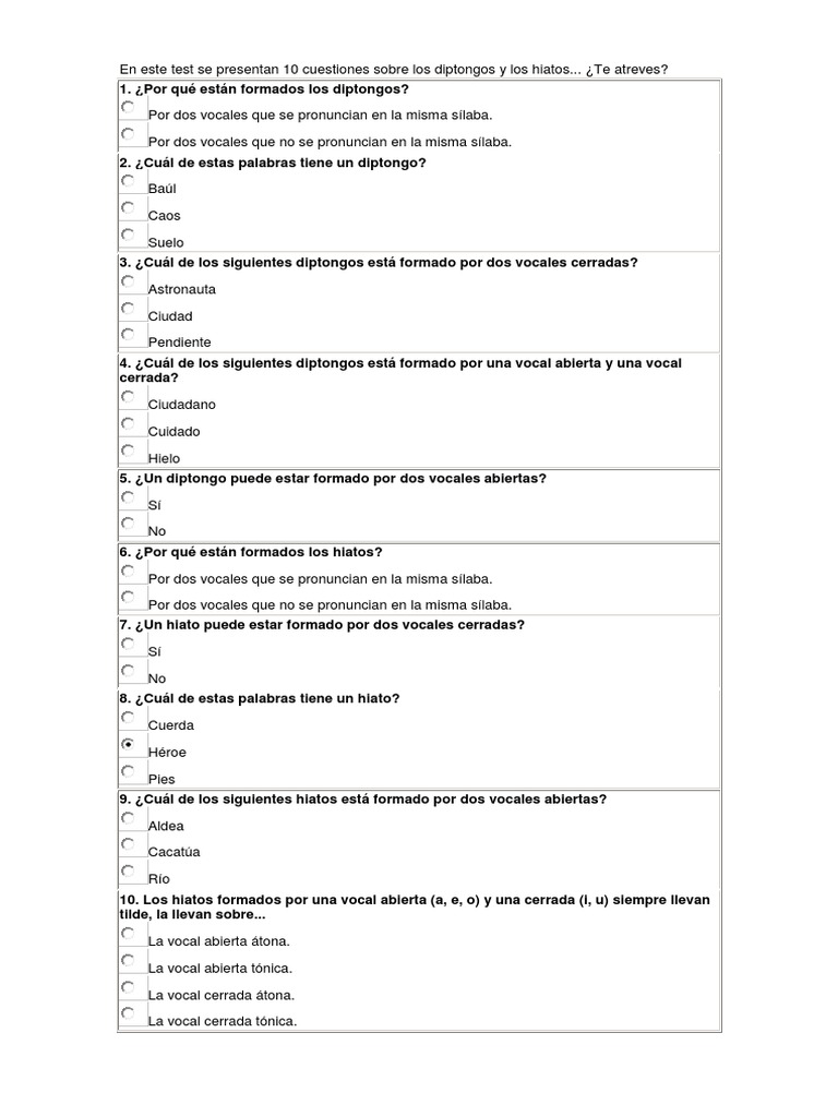 Examen Diptongos y Hiatos | PDF