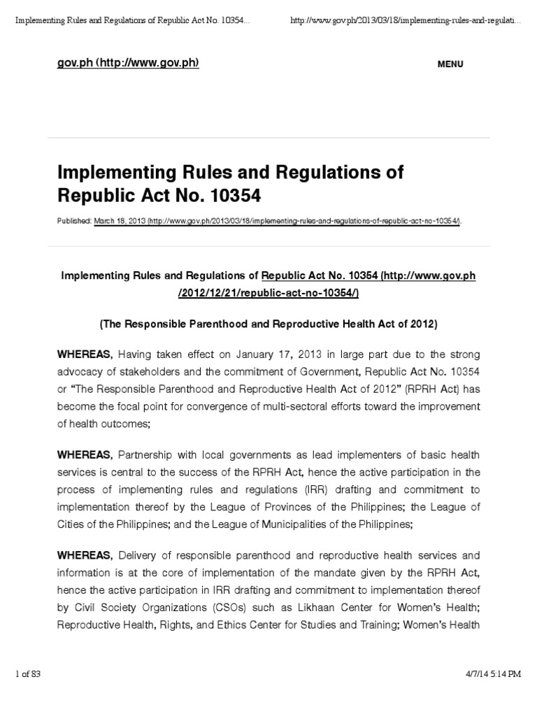 IRR RA 10354 RH Law | Reproductive Health | Family Planning