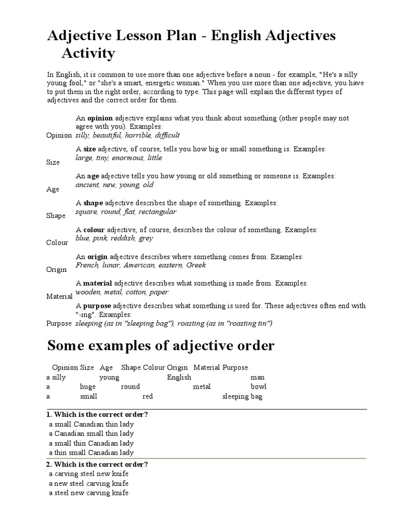 Adjective Order Lesson Plan: An Interactive Exercise on Organizing ...