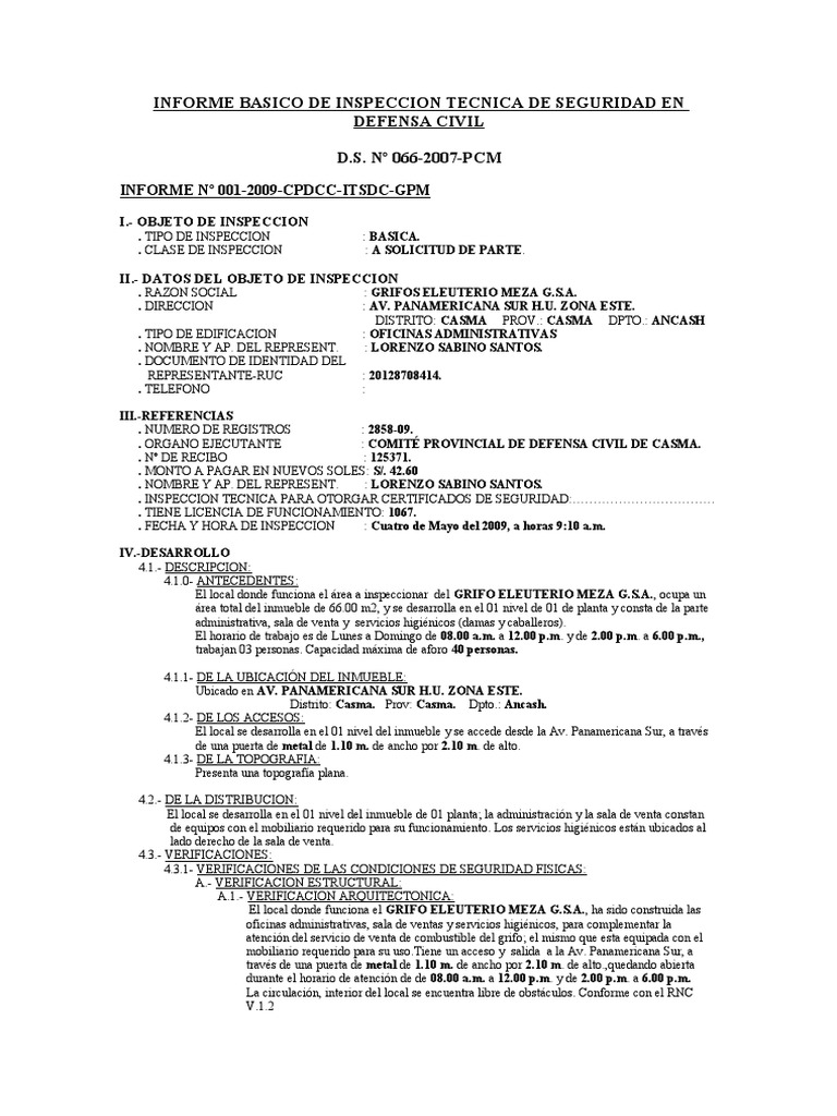 Informe Basico de Inspeccion Tecnica de Seguridad en Defensa Civil | Materiales de construcción ...