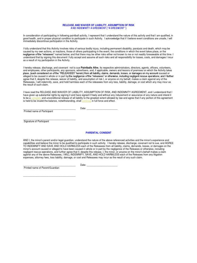 Paintball Liability Waiver Agreement | PDF | Indemnity | Legal Concepts