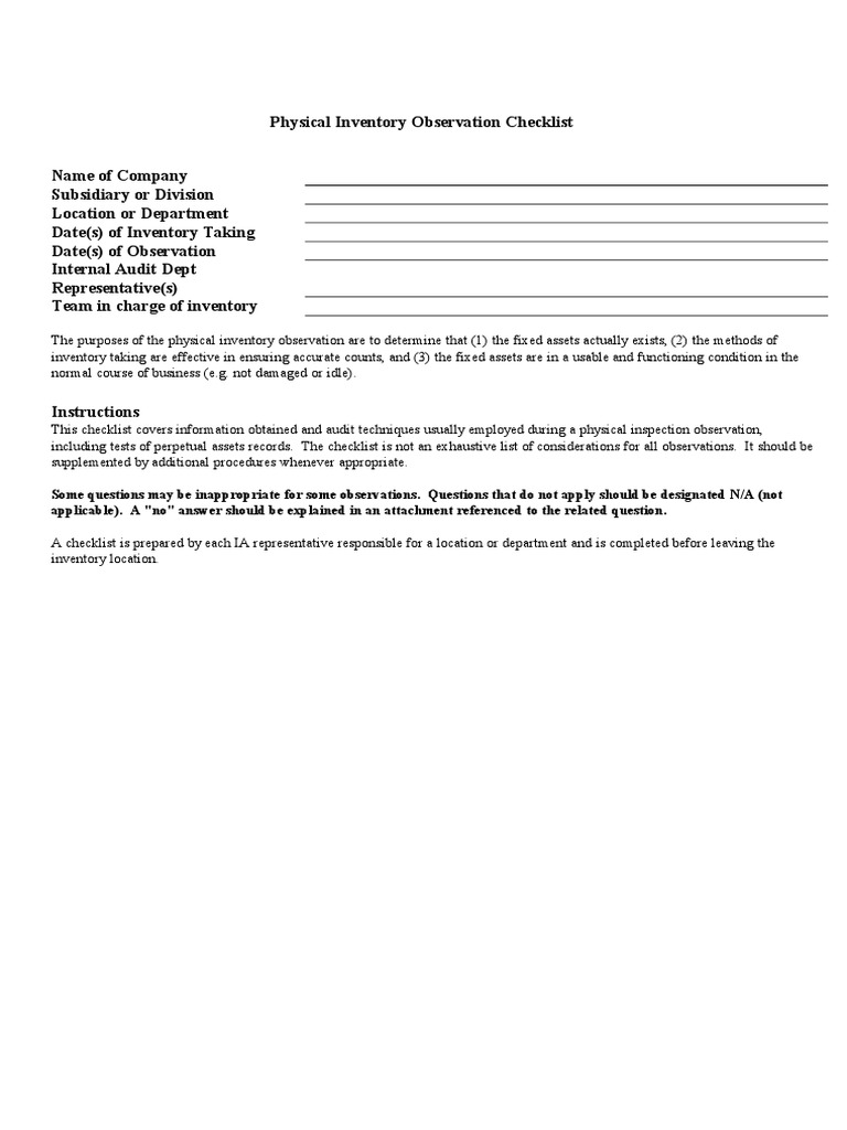 Physical Inventory Observation Checklist-fixed assets.doc | Inventory ...