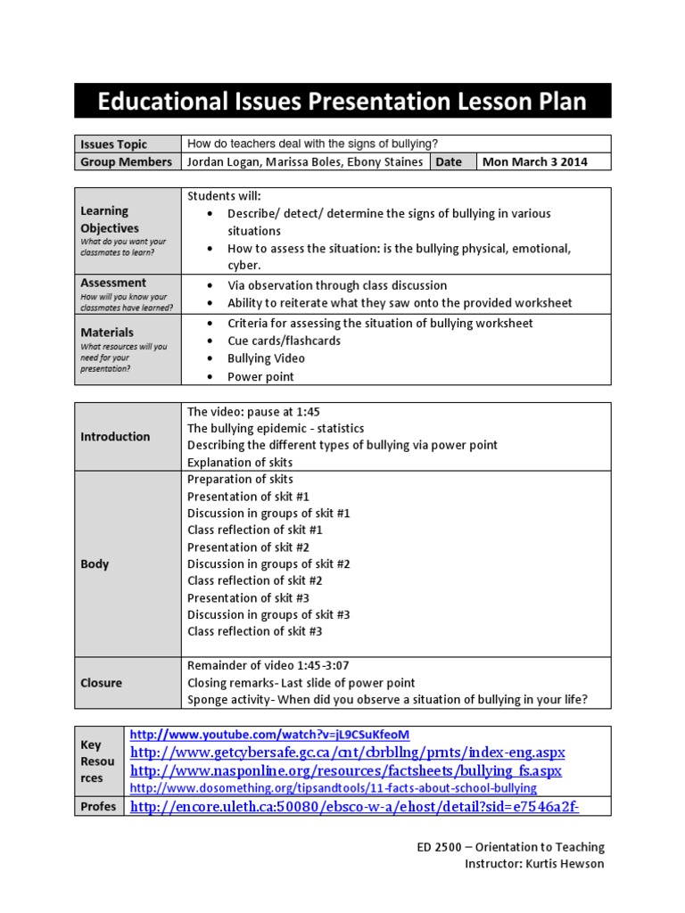 Lesson Plan - Bullying | PDF