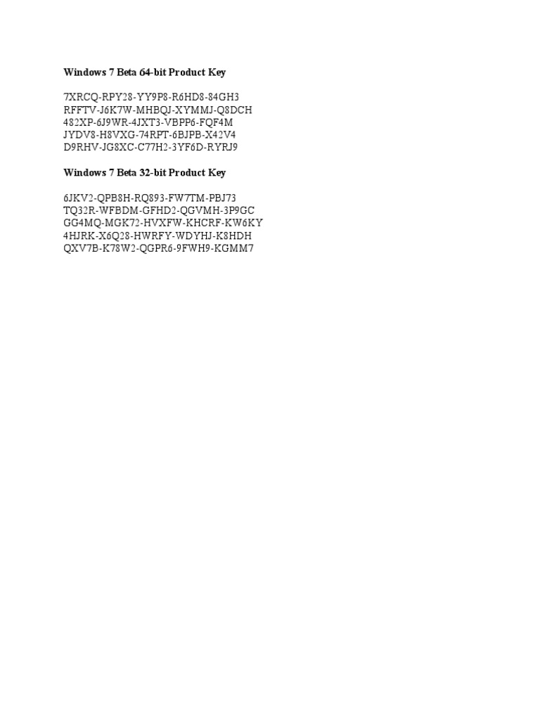 Windows 7 Beta Product Keys List | PDF | Microsoft Software | Software