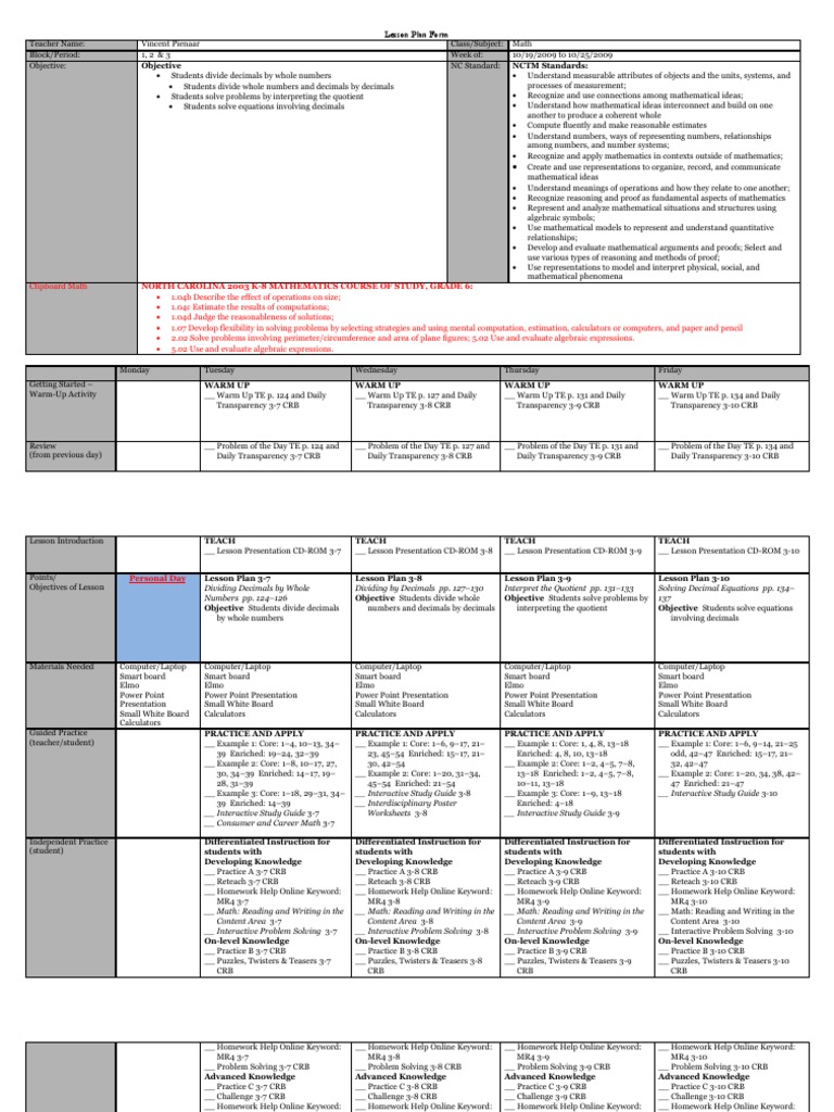 Lesson Plan Form: North Carolina 2003 K-8 Mathematics Course of Study ...