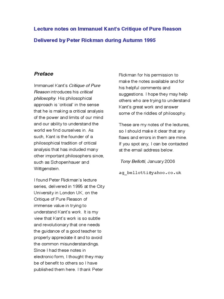 Lecture Notes On Immanuel Kant | PDF | A Priori And A Posteriori | Noumenon