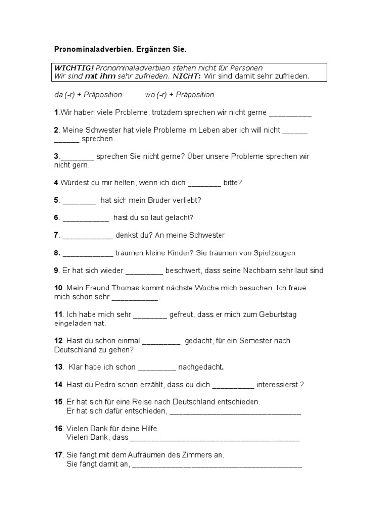 Pronominaladverbien Übungen | PDF