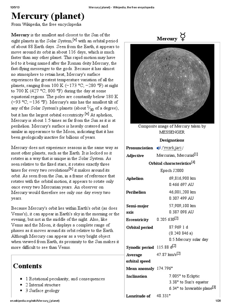 Mercury (Planet) - Wikipedia, The Free Encyclopedia | PDF | Mercury ...